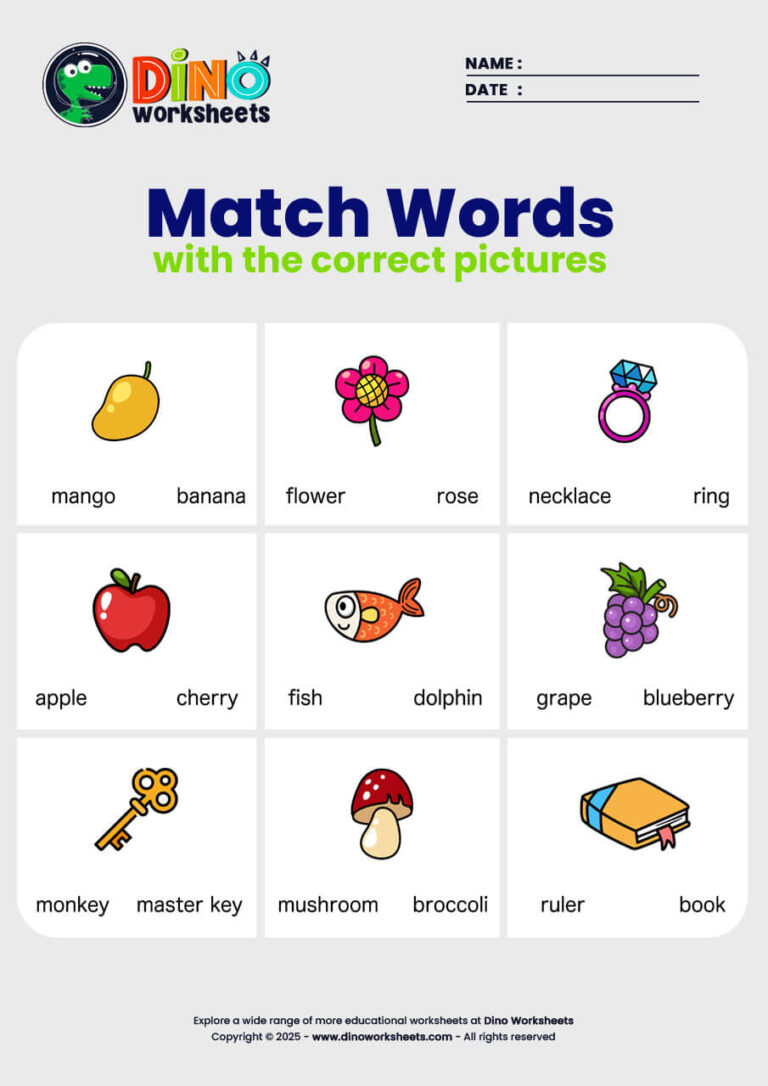 Match Words to Pictures Worksheets for Kids | Dino Worksheet