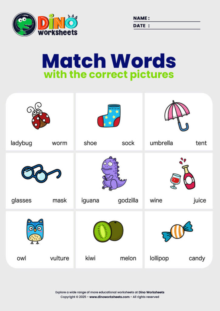Match Words to Pictures Worksheets for Kids | Dino Worksheet