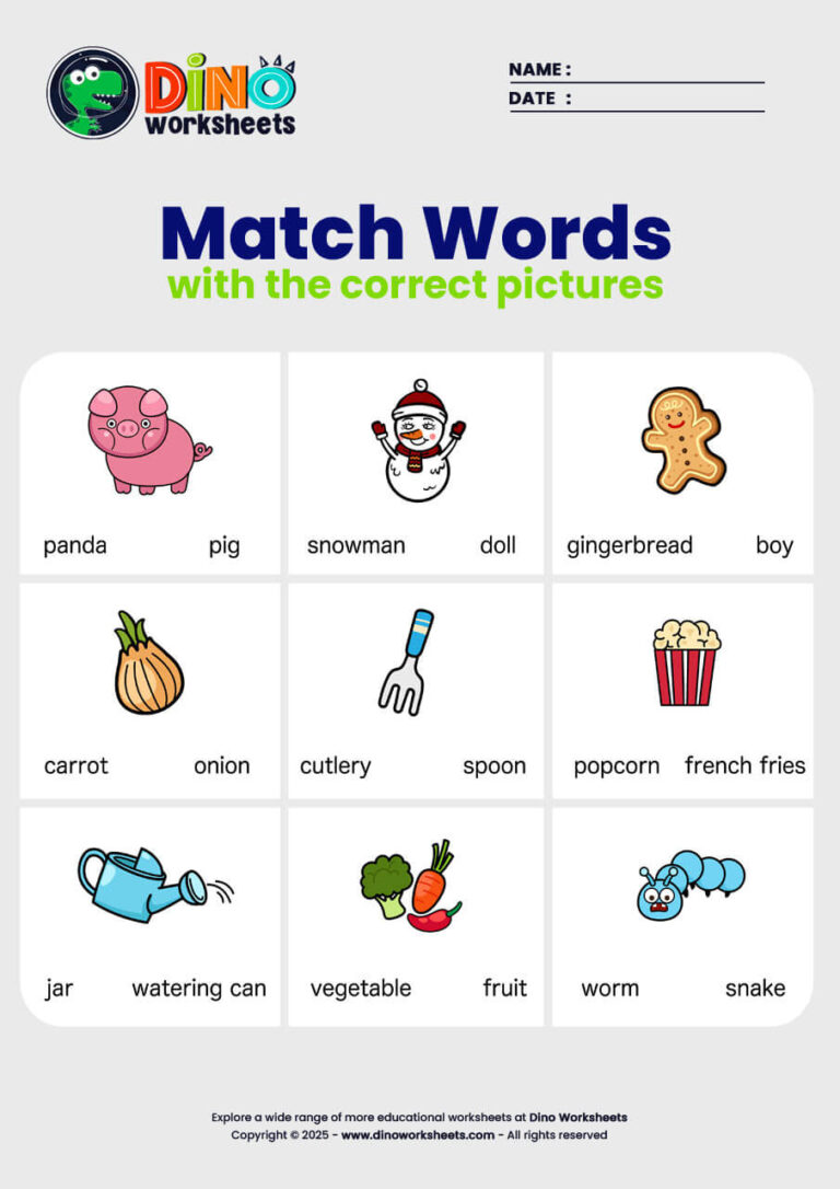 Match Words to Pictures Worksheets for Kids | Dino Worksheet
