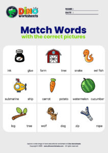 Match Words to Pictures Worksheets for Kids | Dino Worksheet